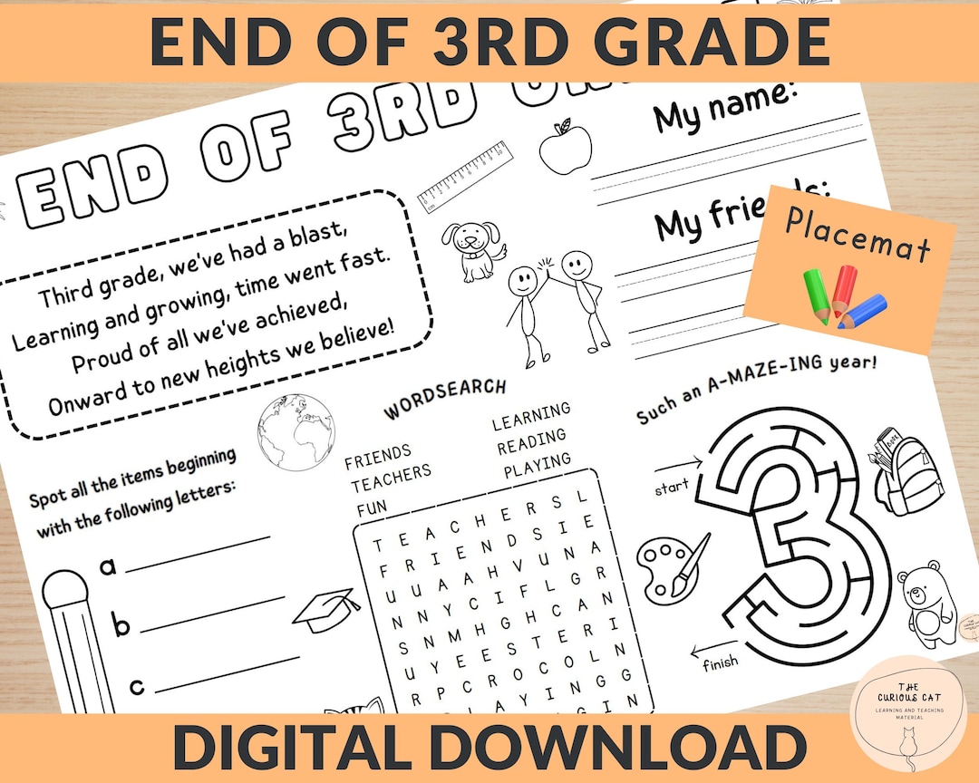 3rd Grade Graduation Placemat, End of Grade 3 Activity Sheet, Activity ...