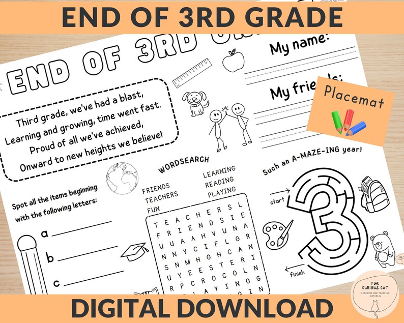 3rd Grade Graduation Placemat, End of Grade 3 Activity Sheet, Activity ...