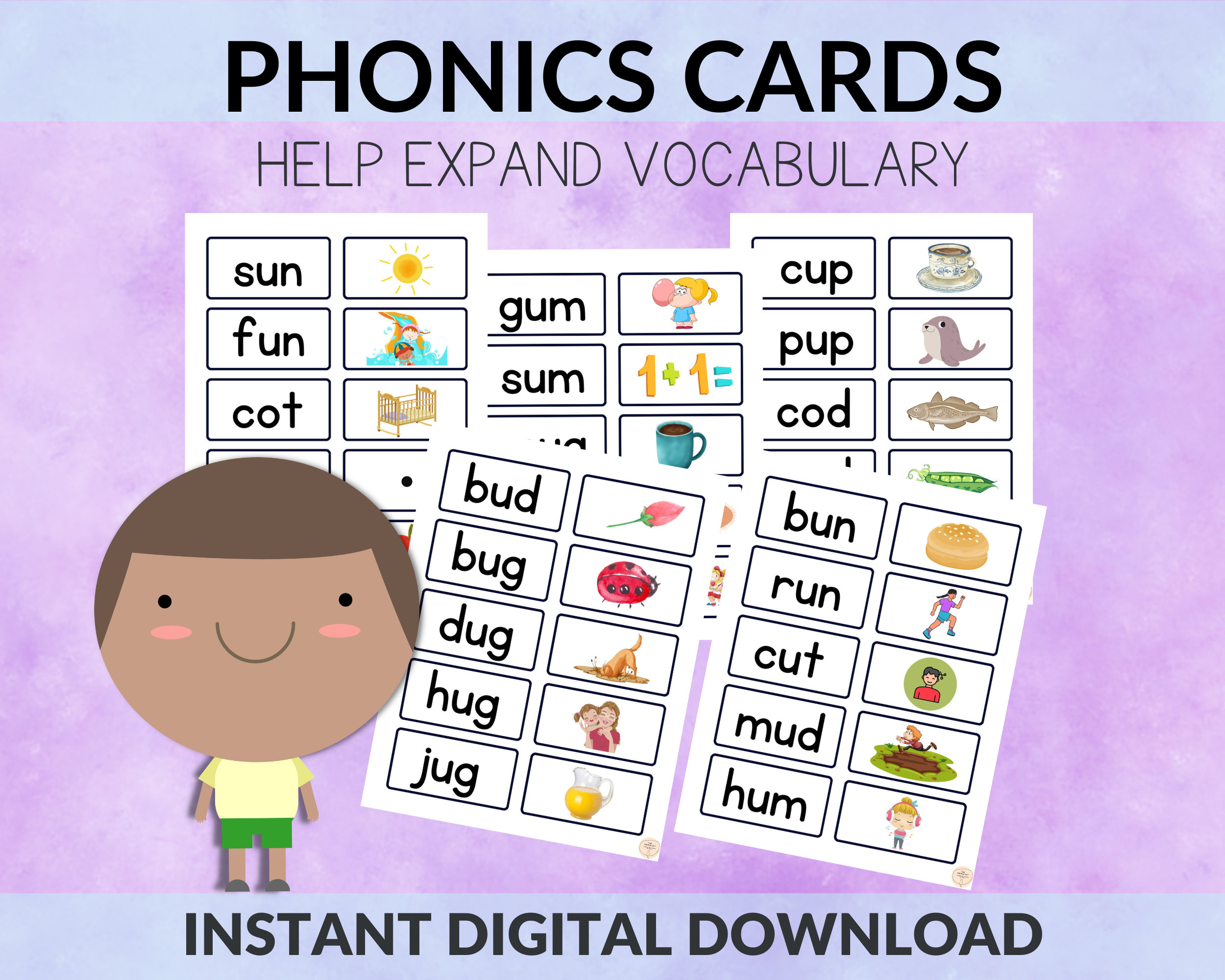 Phonics Words and Picture Cards, CVC Word Families Matching Flashcards ...