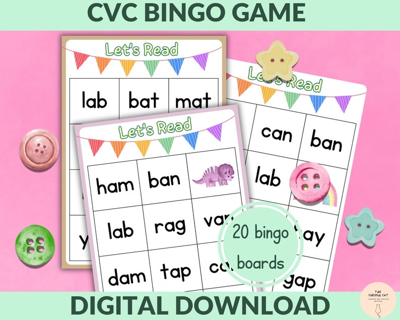CVC Bingo and Card Games, Printable Bingo Cards and Games, Phonemic ...