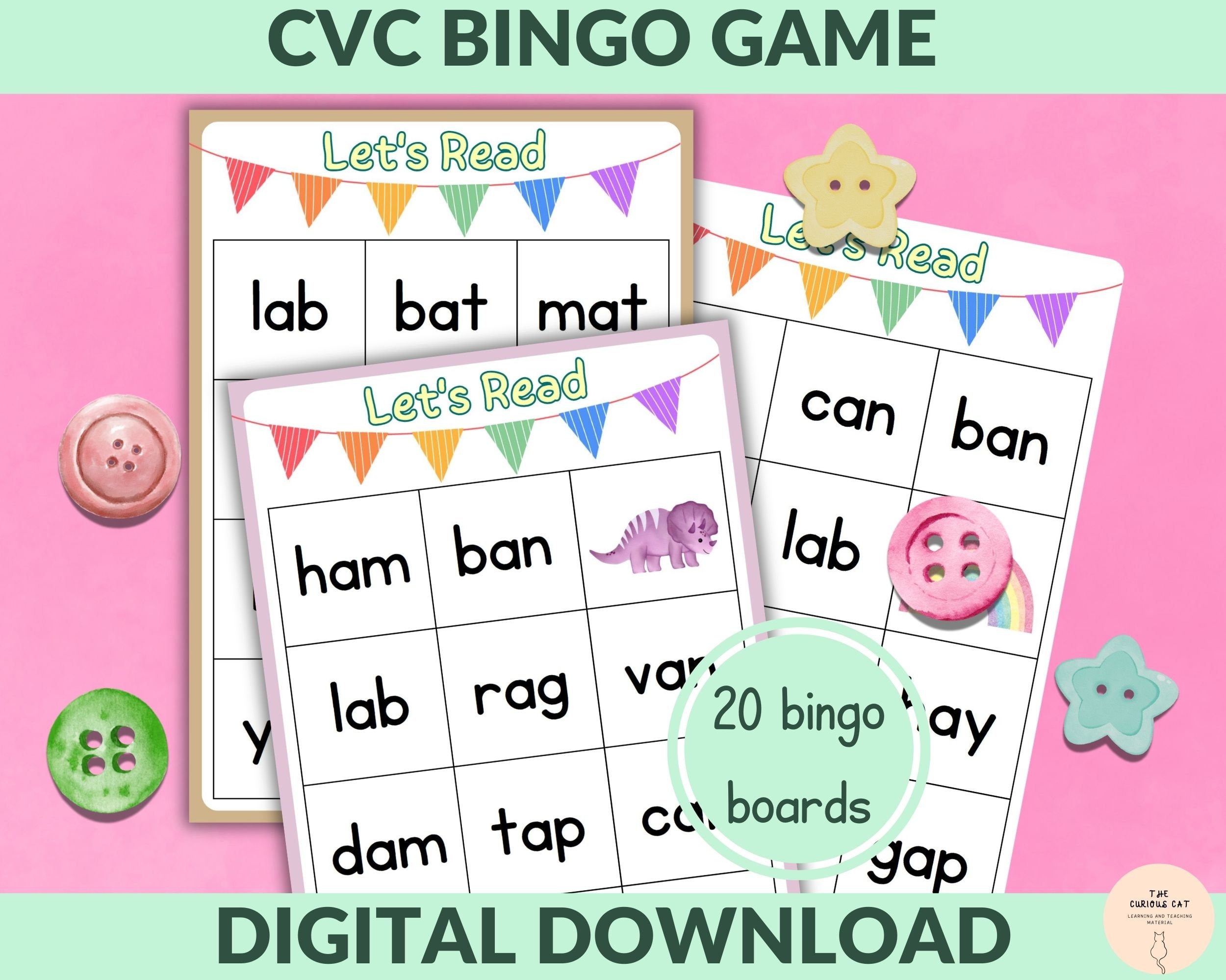 CVC Bingo and Card Games, Printable Bingo Cards and Games, Phonemic ...
