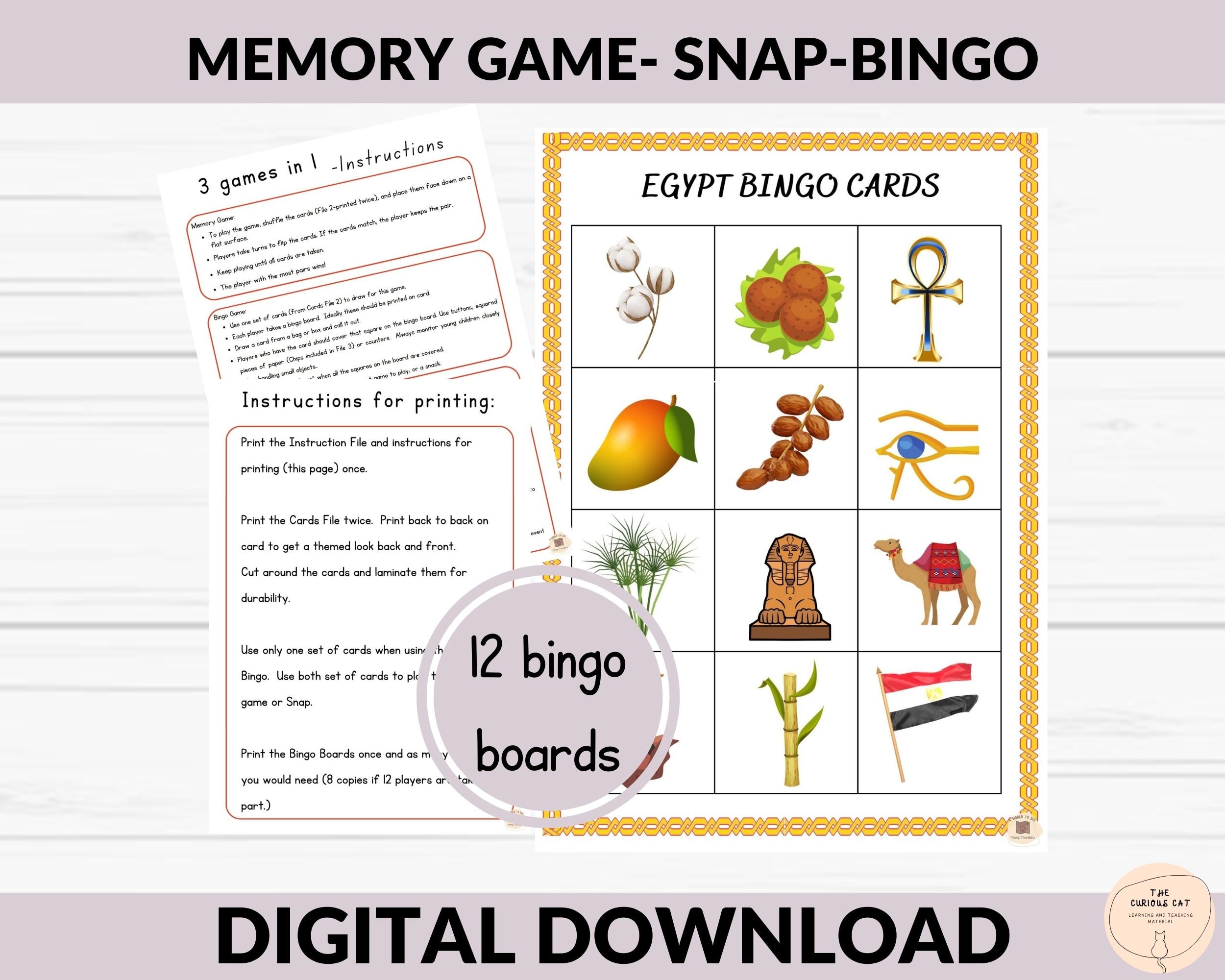 Egyptian-themed Game Set, Kids Printable Games, Ancient Egypt, Bingo ...