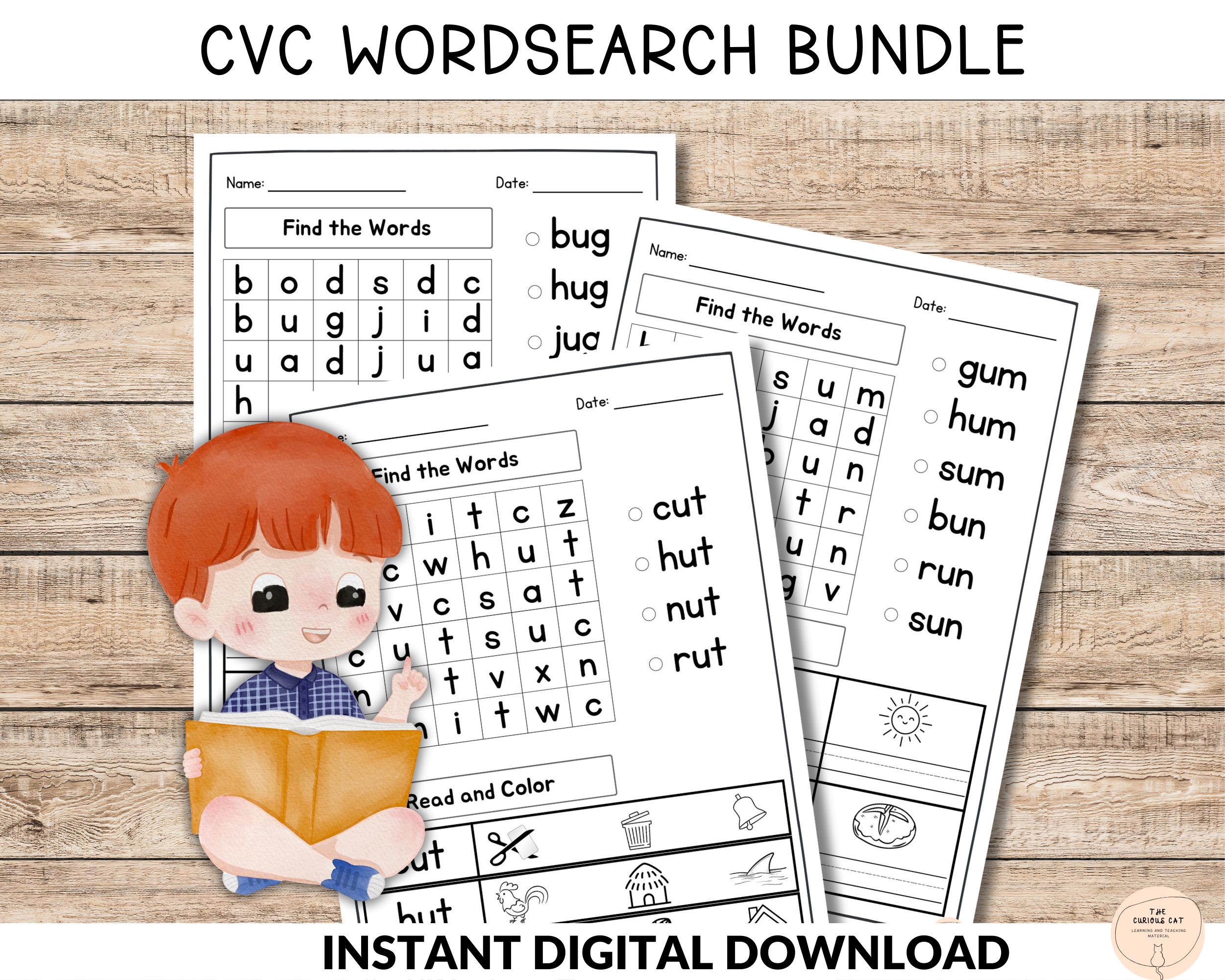 Phonics CVC Worksheets, Word Searches, Preschool Kindergarten Phonics ...