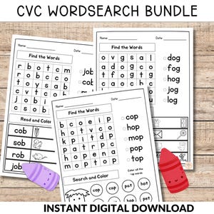 Phonics CVC Worksheets, Word Searches, Preschool Kindergarten Phonics ...