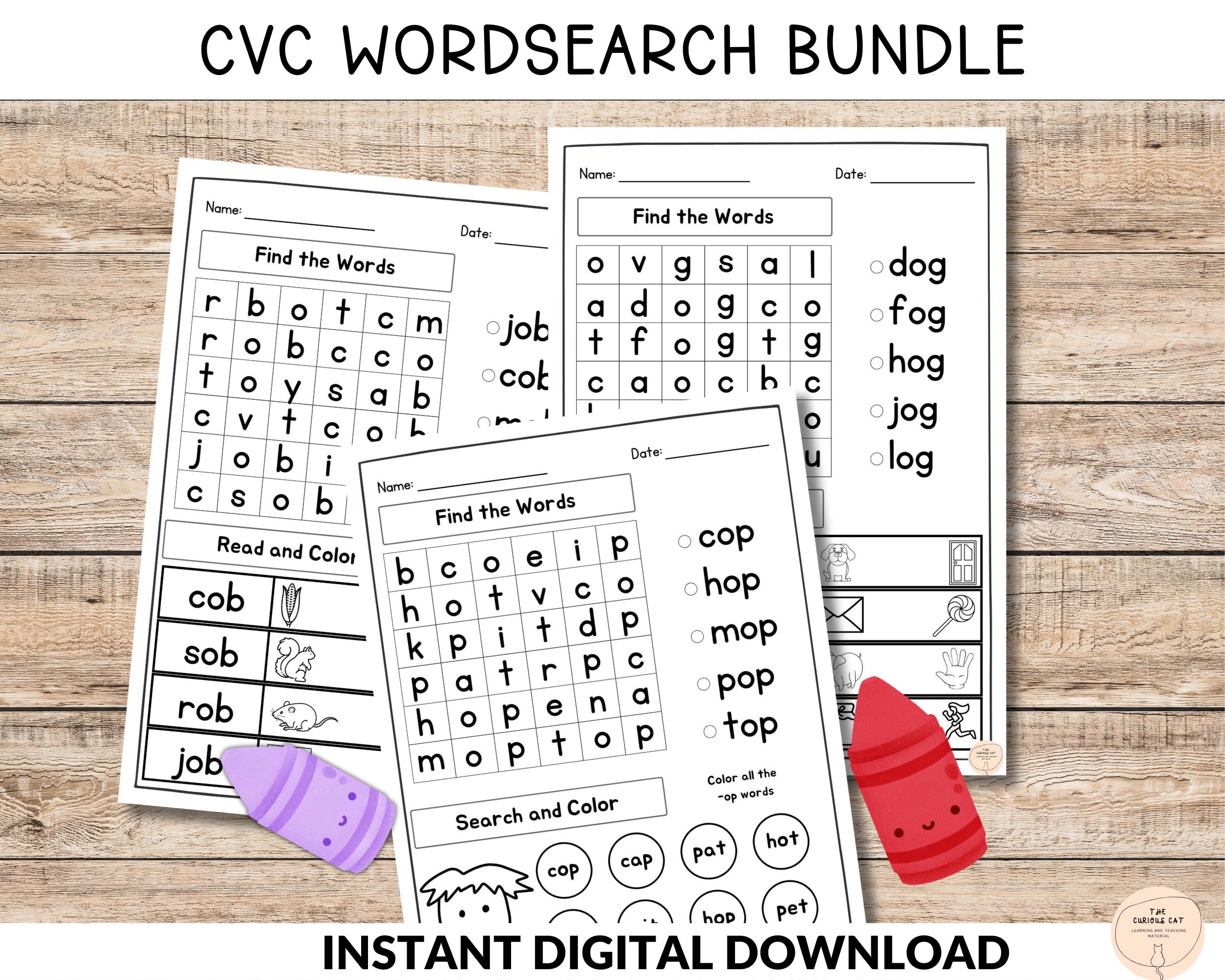 Phonics CVC Worksheets, Word Searches, Preschool Kindergarten Phonics ...