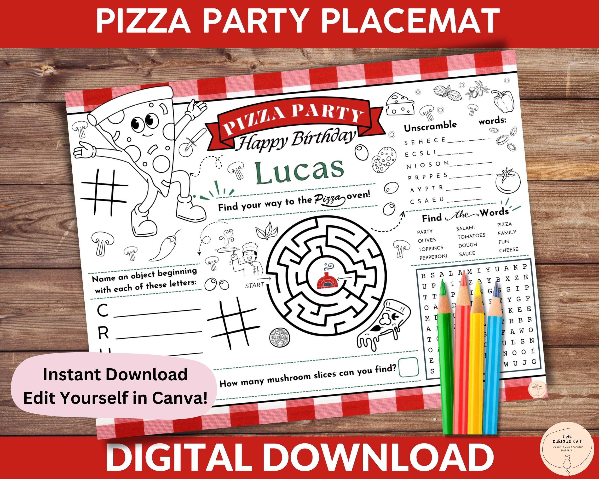Pizza Party Placemat Activity Sheet, Instant Download, Pizza Party ...
