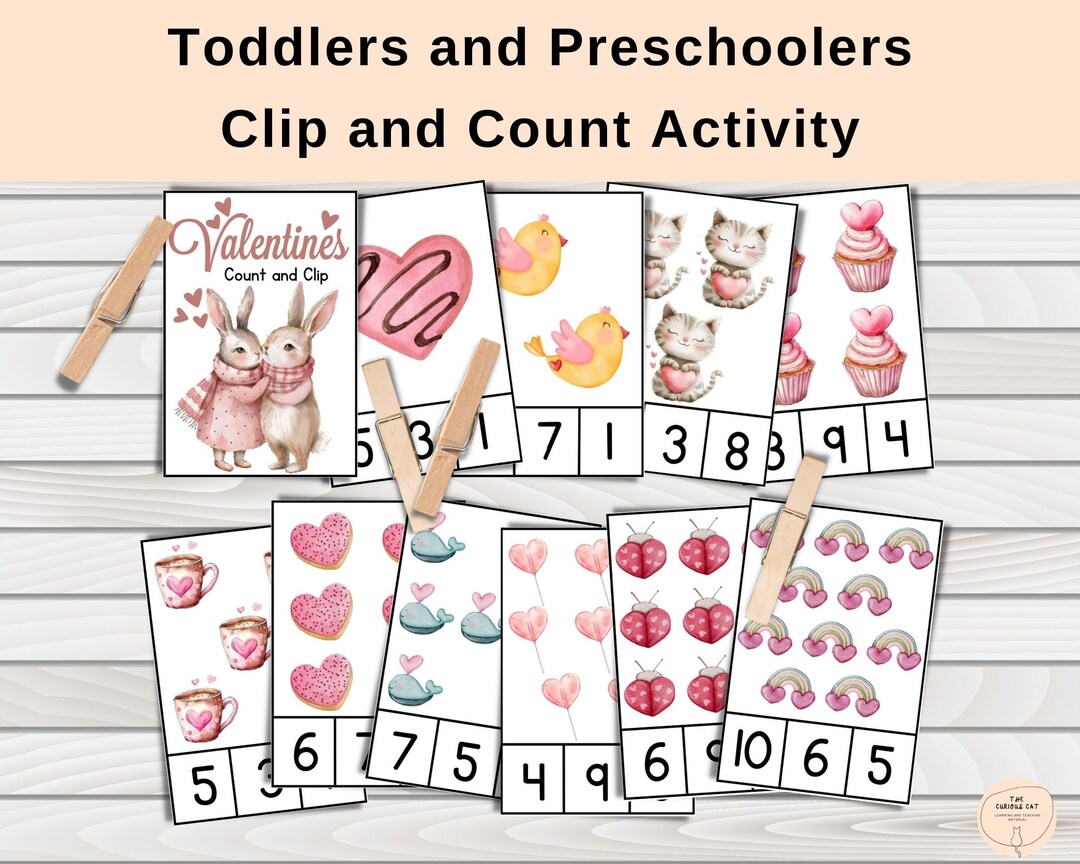 Valentine's Day Count & Clip Cards Toddler Activity Preschool Printable ...