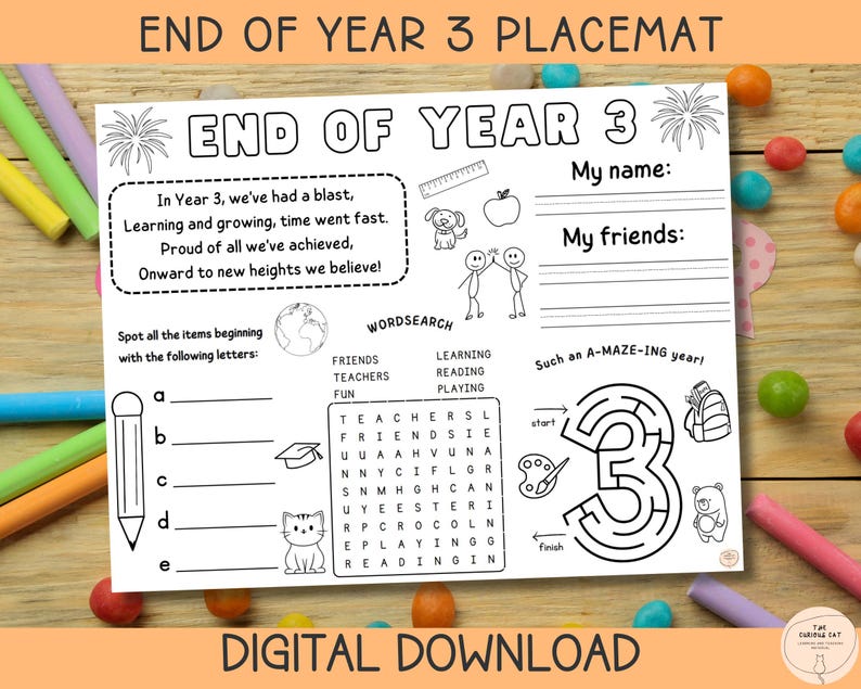 3rd Grade Graduation Placemat, End of Grade 3, Activity Placemat for ...