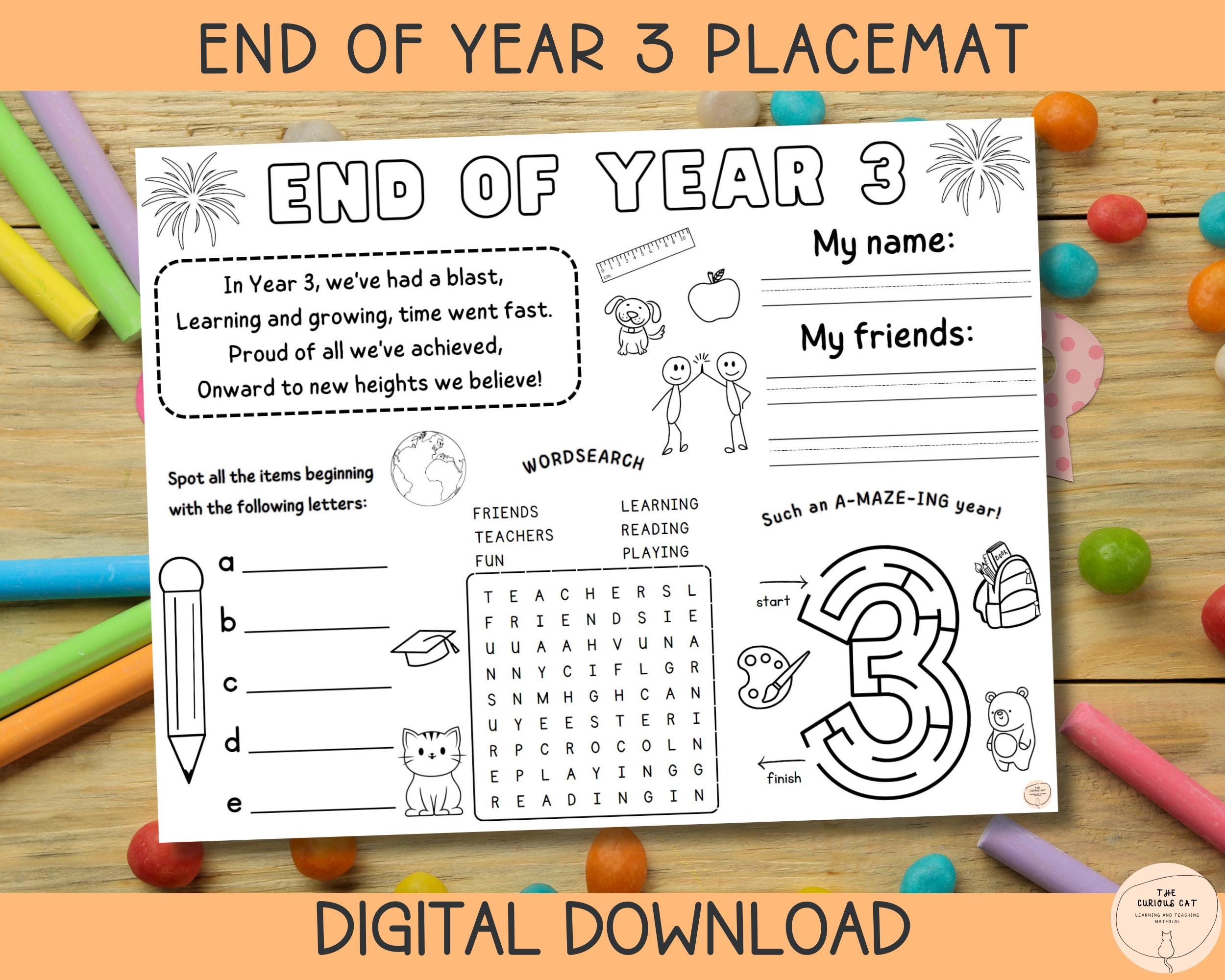 3rd Grade Graduation Placemat, End of Grade 3, Activity Placemat for ...