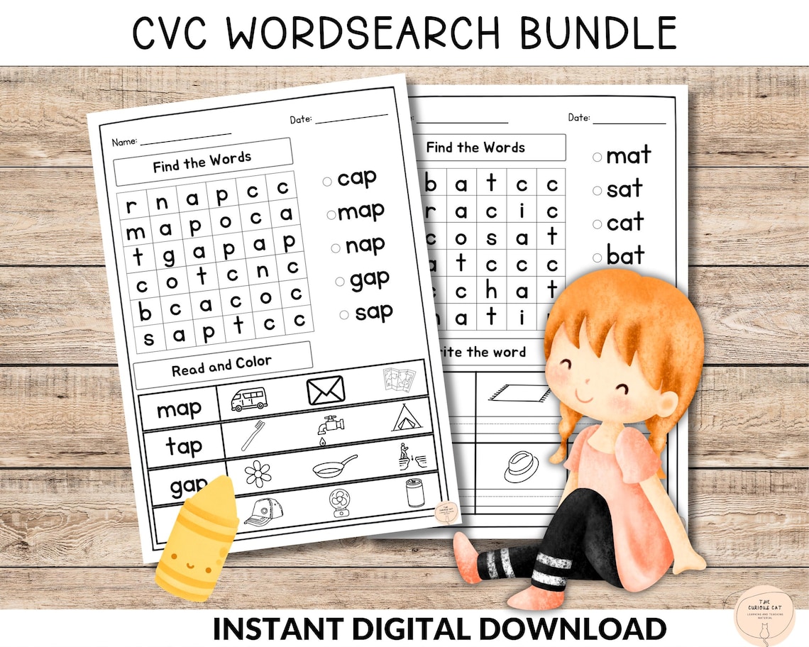 Phonics CVC Worksheets, Word Searches, Preschool Kindergarten Phonics ...