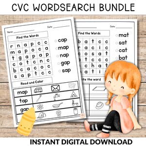 Phonics CVC Worksheets, Word Searches, Preschool Kindergarten Phonics ...