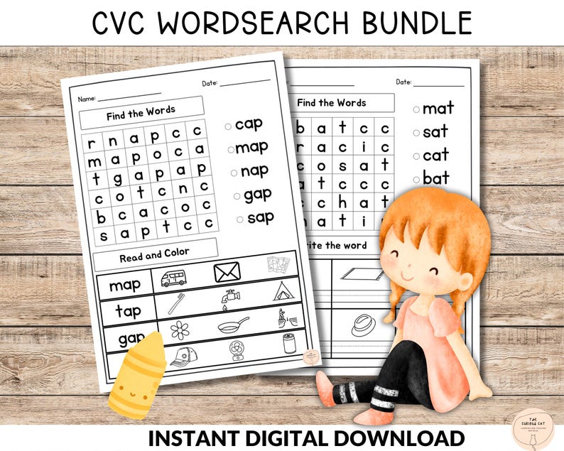 Phonics CVC Worksheets, Word Searches, Preschool Kindergarten Phonics ...