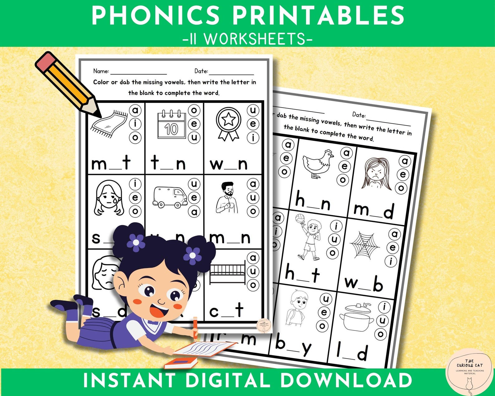 Phonics Worksheets, CVC Missing Vowel, Emergent Readers Middle Sound ...