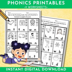Phonics Worksheets, CVC Missing Vowel, Emergent Readers Middle Sound ...