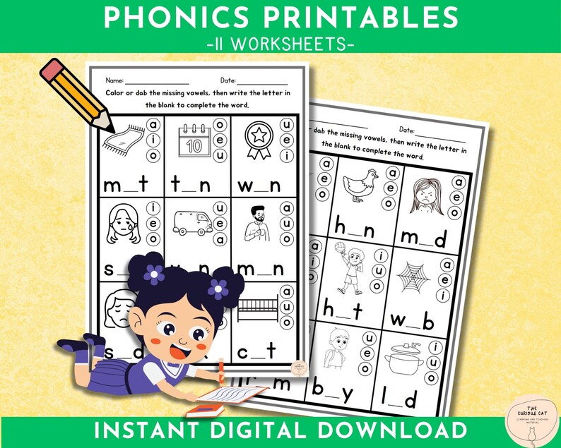 Phonics Worksheets, CVC Missing Vowel, Emergent Readers Middle Sound ...