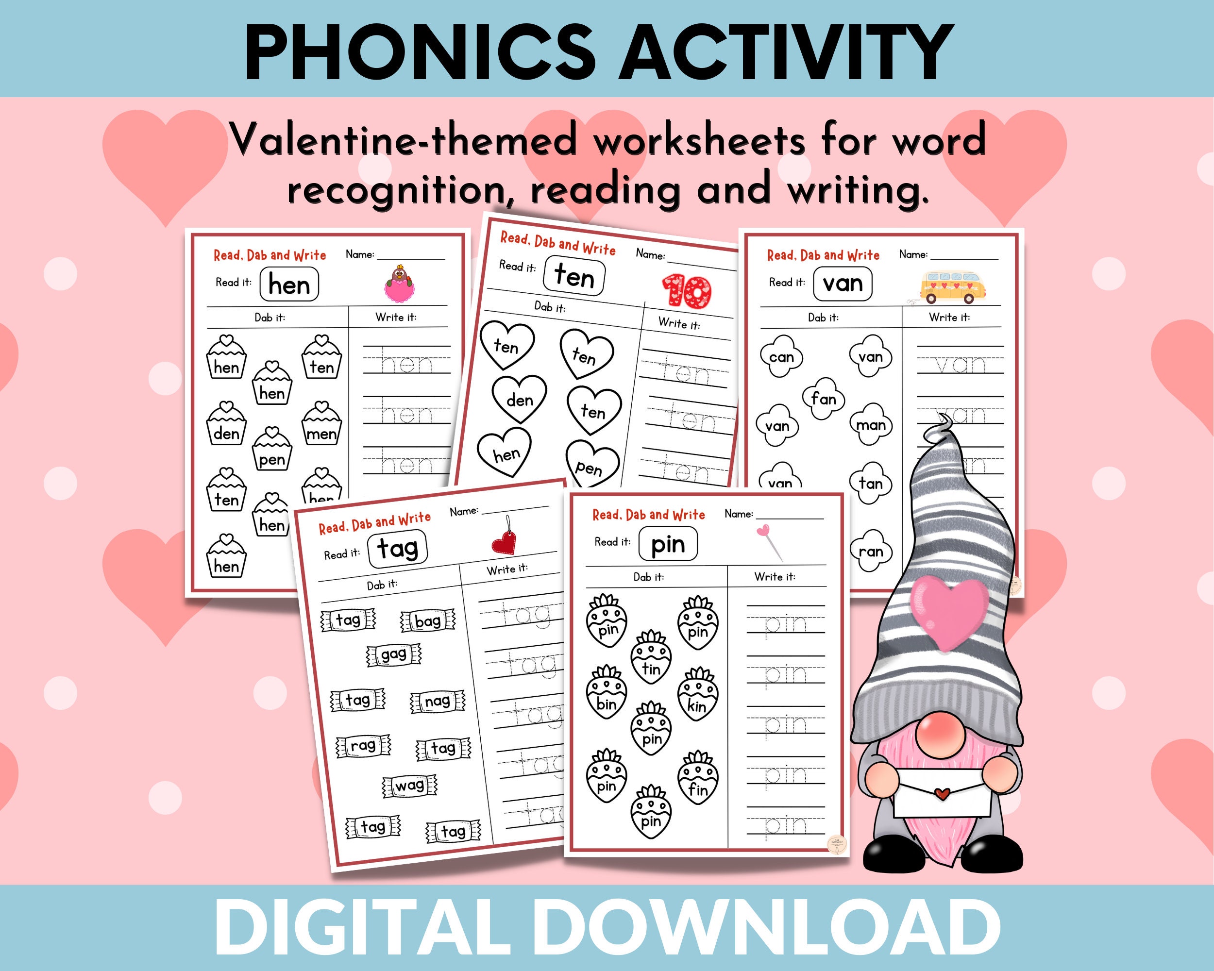 Phonics Valentines Worksheets; Word Recognition, Reading & Writing ...