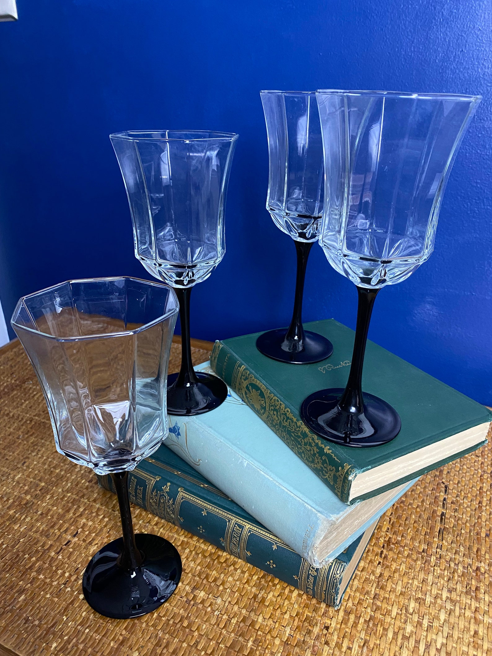 Set of Four Vintage Octave Luminarc France Crystal 8 Octagon Black Stem ...