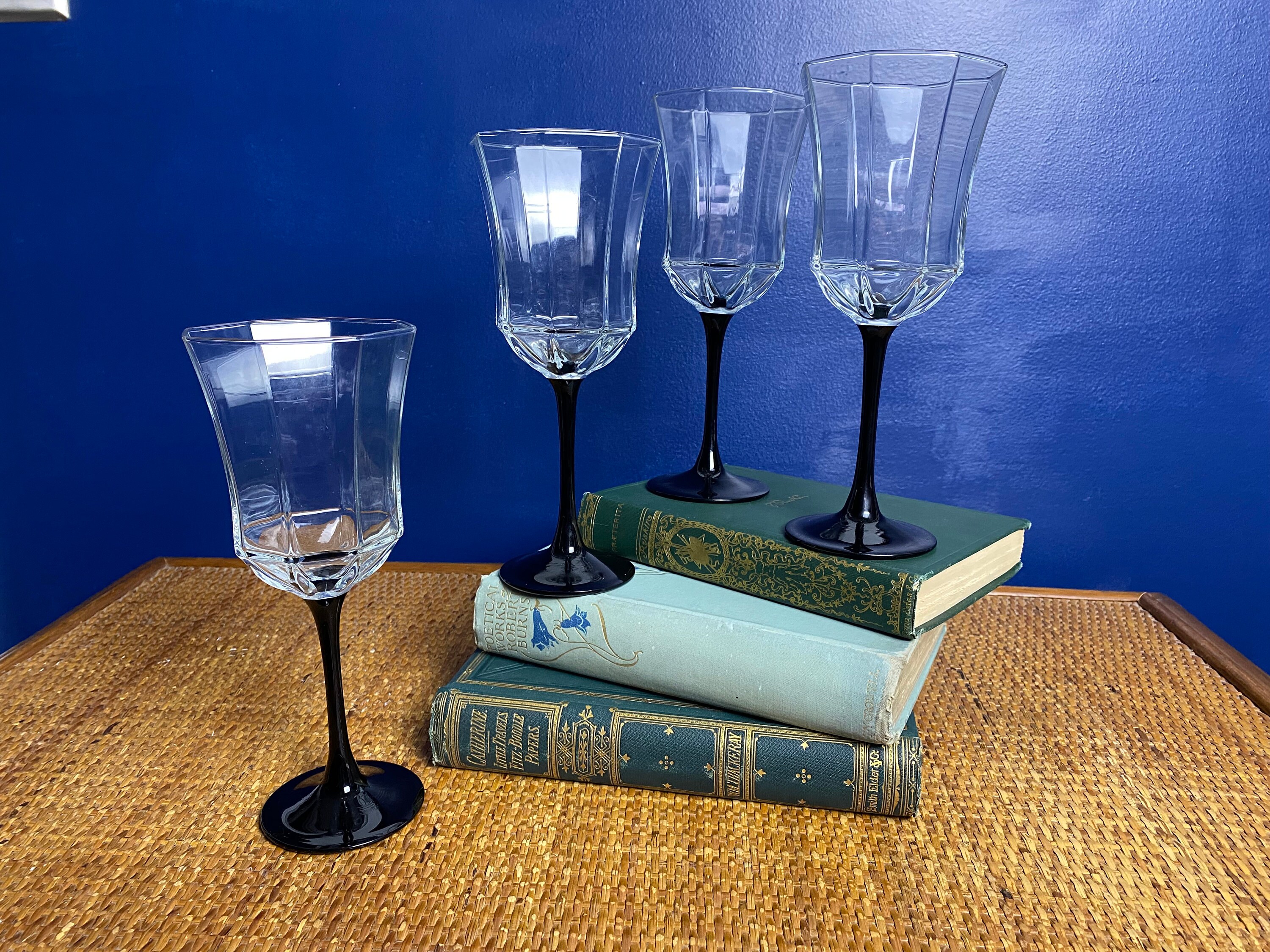 Set of Four Vintage Octave Luminarc France Crystal 8 Octagon Black Stem ...