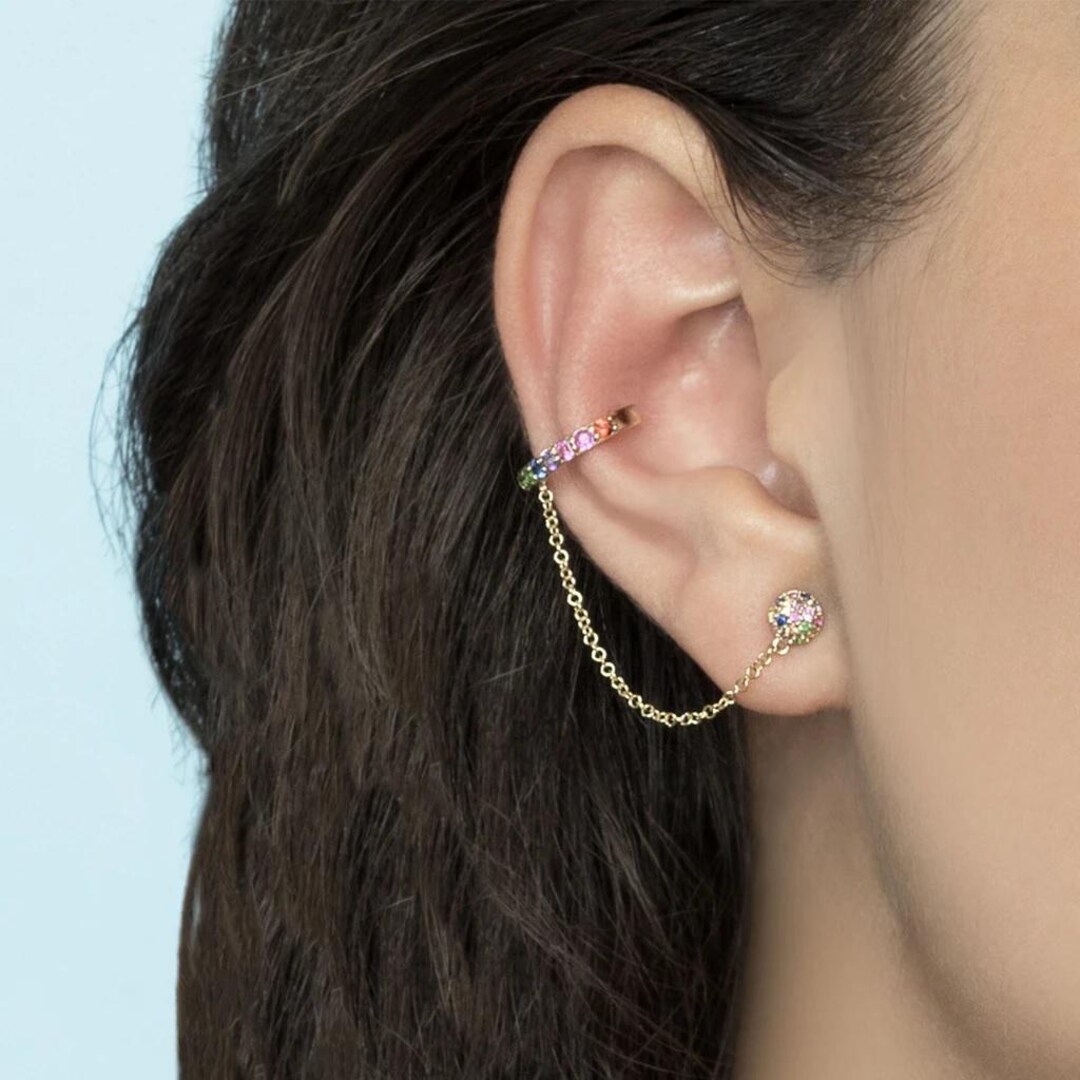 14k Gold Rainbow Sapphire Ear Cuff, Chain Stud Earring - Etsy