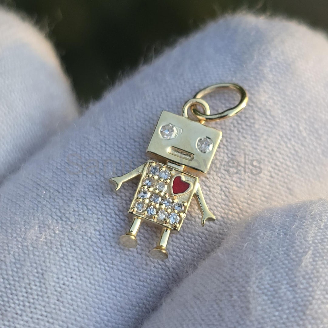 14K Yellow Gold Diamond Robot Charm, Enamel Heart Charm, Diamond Robot ...