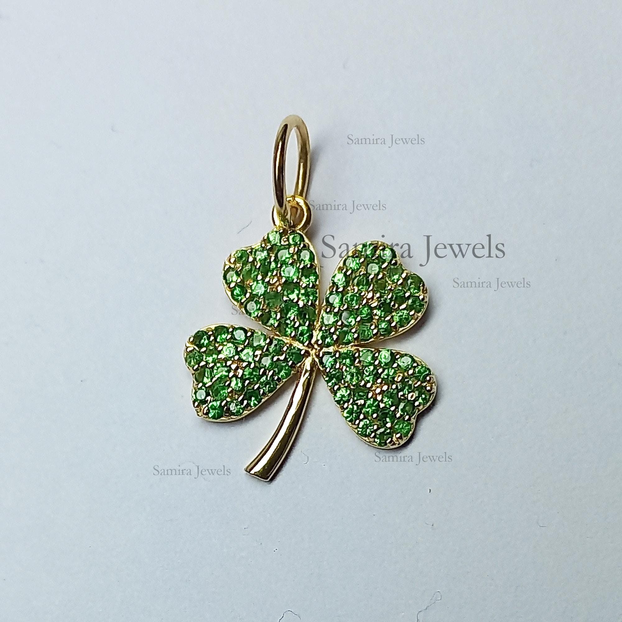 Natural Tsavorite Clover Charm Pendant, 14k Gold Clover, Yellow Gold ...