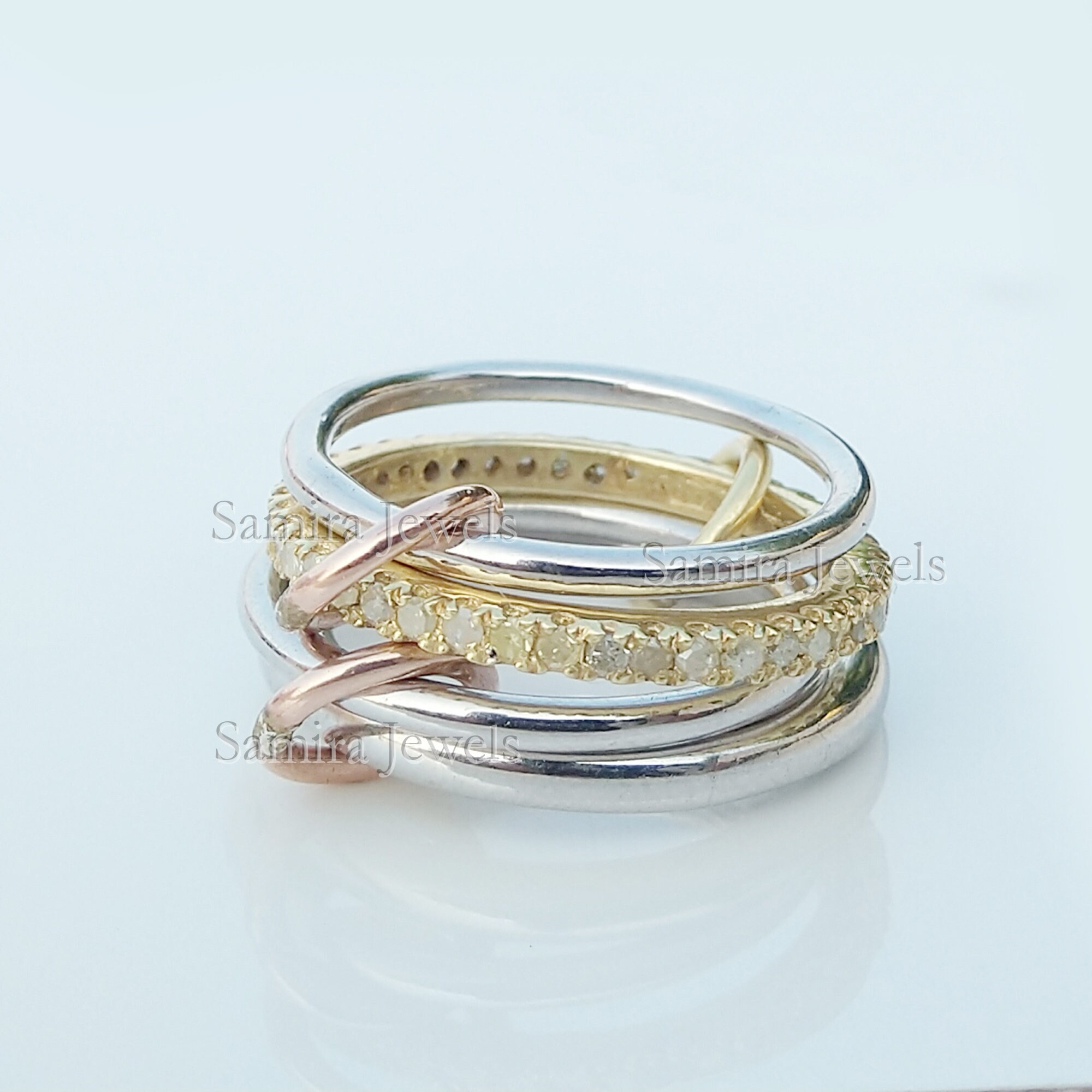 Yellow and Rose Gold Vermeil Silver Interlocking Band Rings, Pave ...
