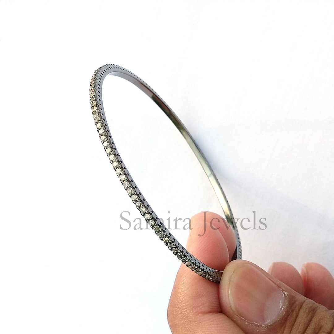 Single Line Pave Diamond Bangle Bracelet 925 Silver Gray Rhodium ...