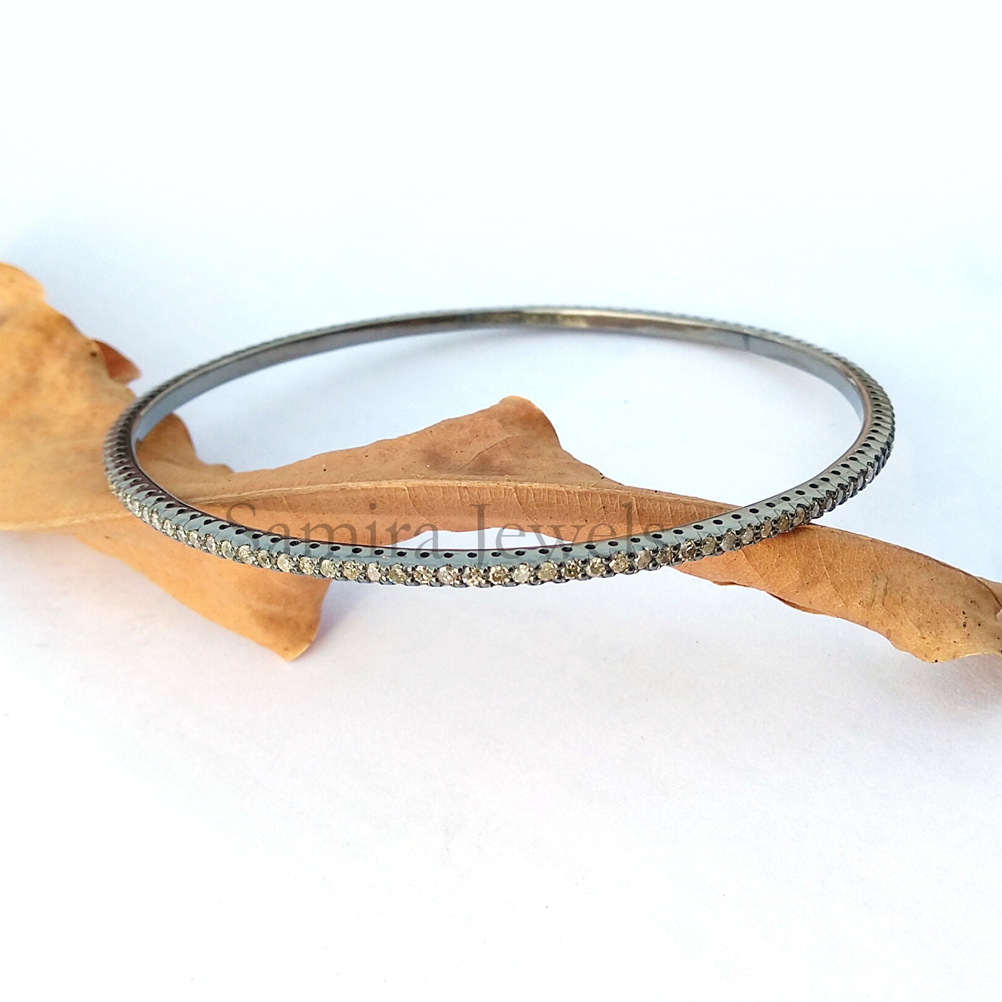 Single Line Pave Diamond Bangle Bracelet 925 Silver Gray Rhodium ...
