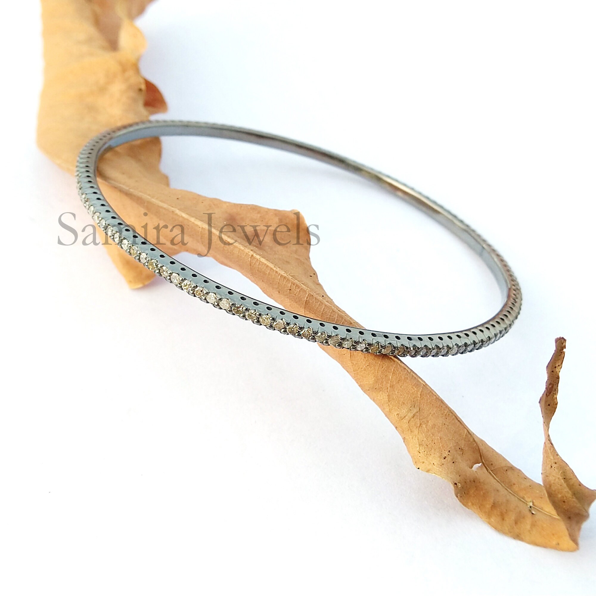 Single Line Pave Diamond Bangle Bracelet 925 Silver Gray Rhodium ...