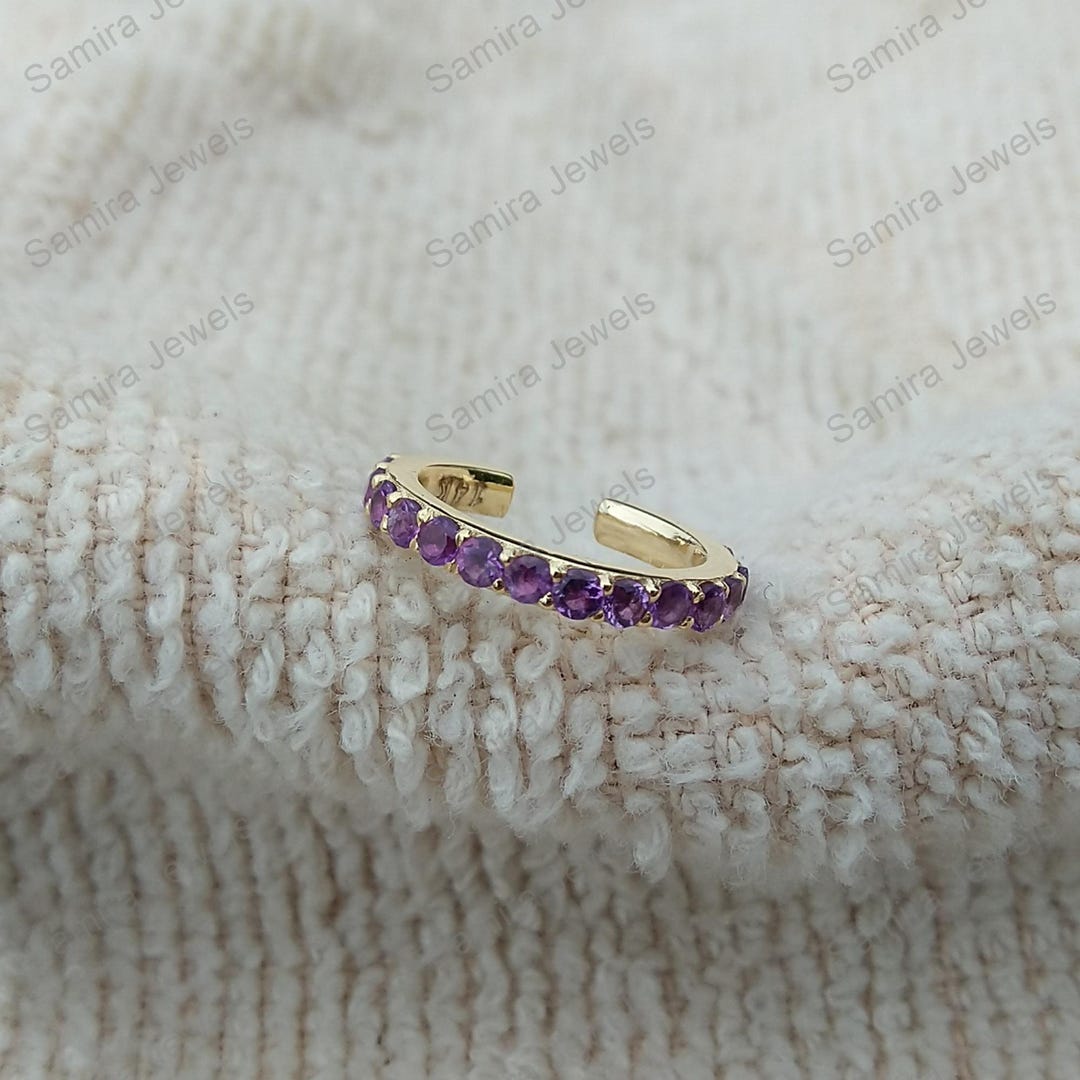 14k Solid Yellow Gold Amethyst Ear Cuff Earrings Party Wear Earrings ...