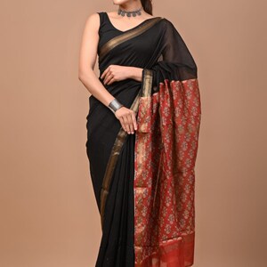 Maheshwari Silk Jaipur Black Handblock Print Indian Saree With ...