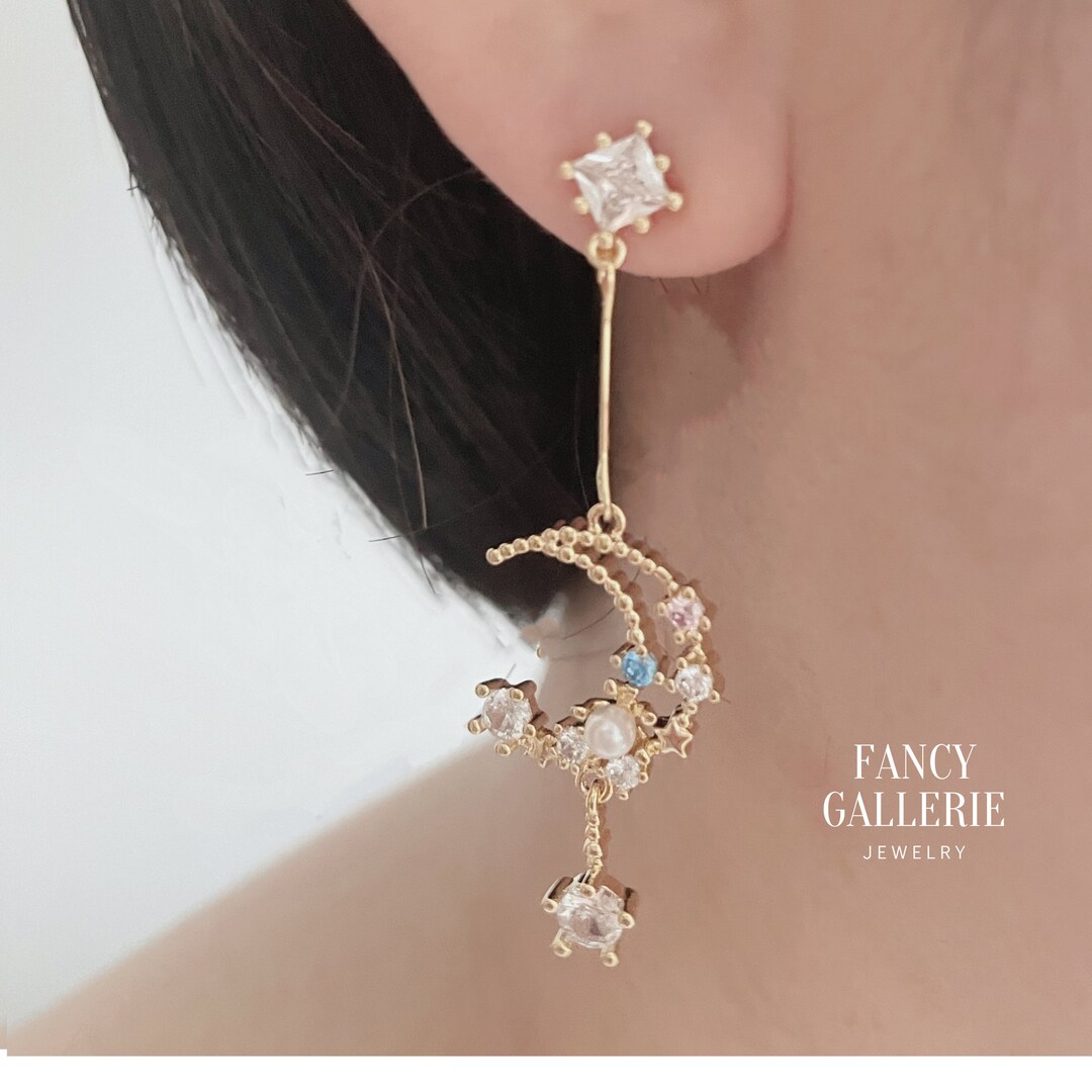 Moon and Star Dangle Earring, Celestial Pearl Earrings, Night Sky Drop ...