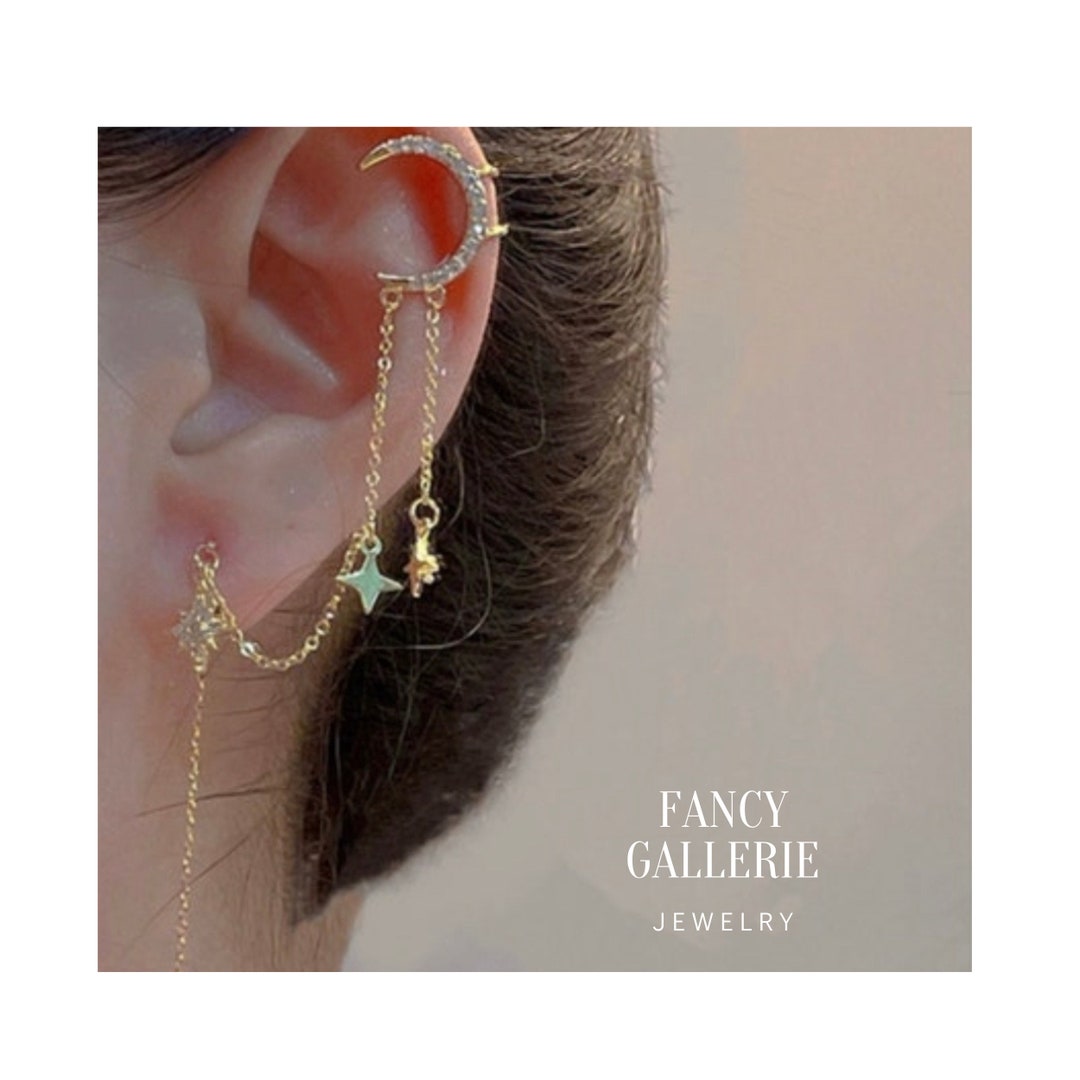 Gold Pave Moon Ear Cuff Earring With Long Chain Star Star - Etsy