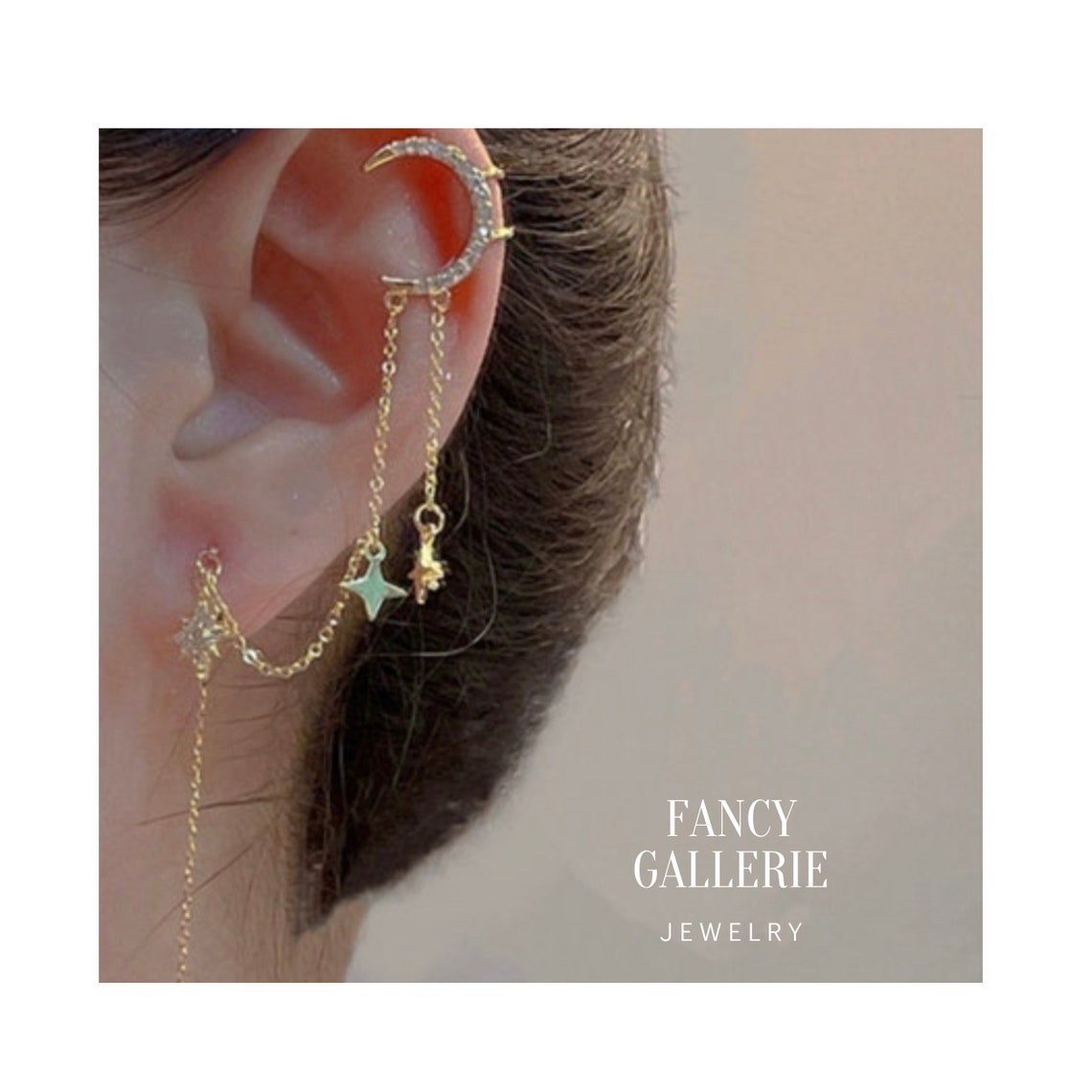 Gold Pave Moon Ear Cuff Earring With Chain Moon Chain - Etsy