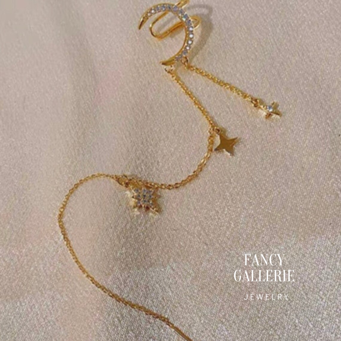 Gold Pave Moon Ear Cuff Earring With Long Chain Star Star - Etsy