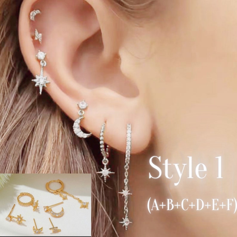 Silver Star Moon Earring Set, Earring Stack, Celestial Earring Set, Silver Dainty Chain Earrings ...