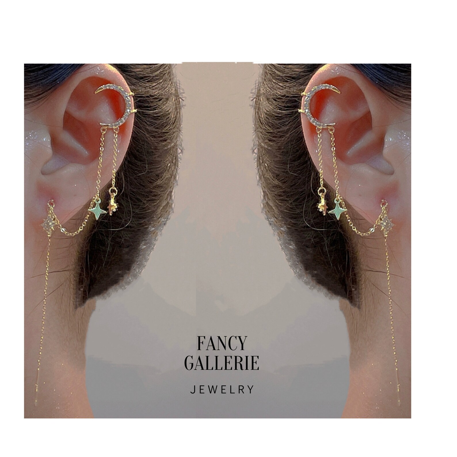 Gold Pave Moon Ear Cuff Earring With Chain Moon Chain - Etsy