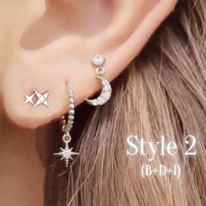 Silver Star Moon Earring Set, Earring Stack, Celestial Earring Set ...