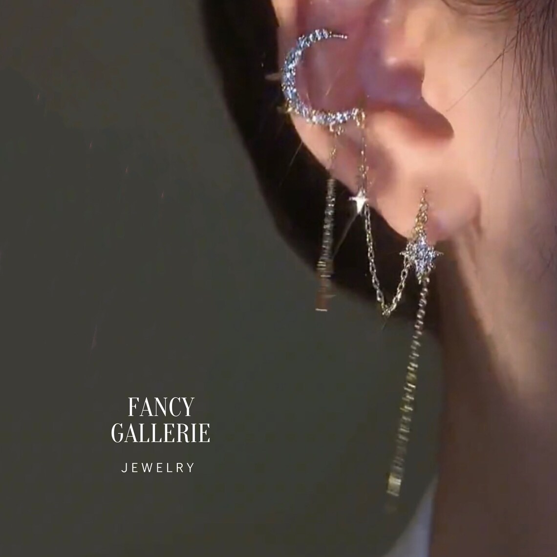 Gold Pave Moon Ear Cuff Earring With Long Chain Star Star - Etsy