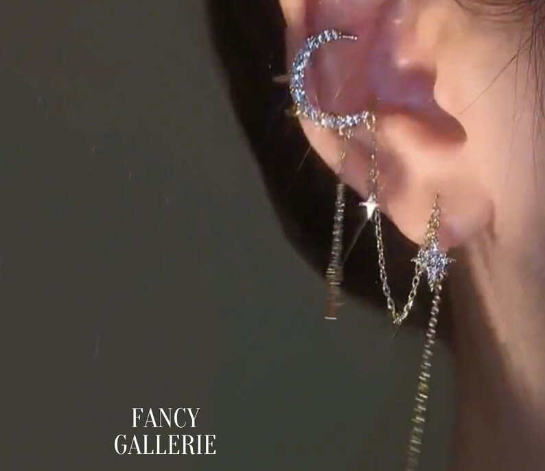 Gold Pave Moon Ear Cuff Earring With Chain Moon Chain - Etsy