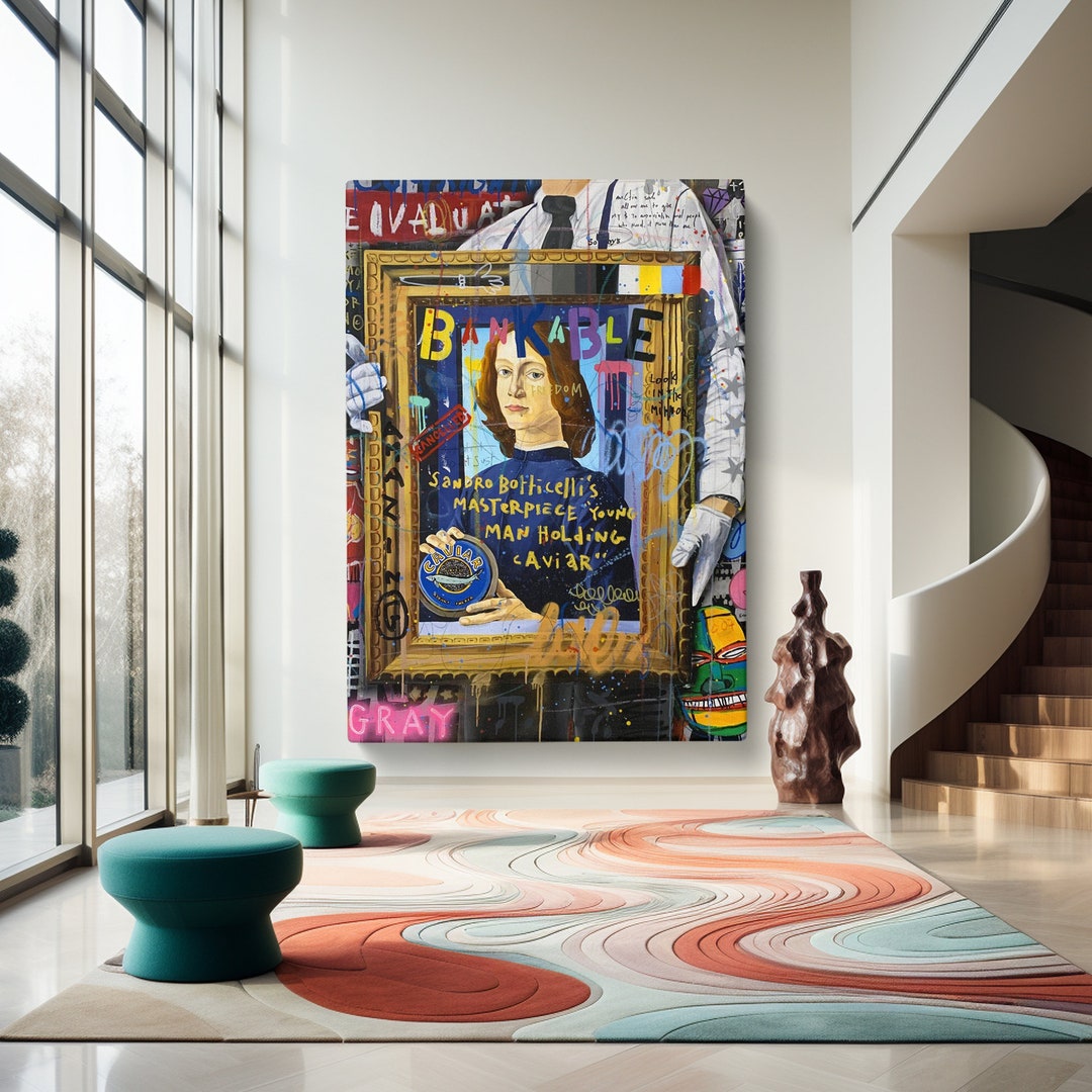 Banksy Style Sandro Botticelli’s Young Man Holding a Caviar, Banksy Art ...