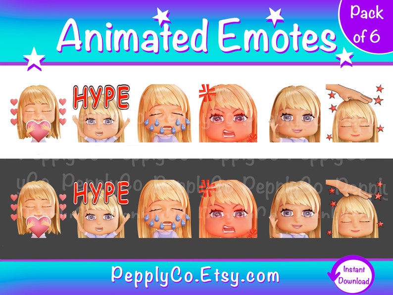 ANIMATED Twitch Emote Kawaii Chibi Girl Pack of 6 Blond Hair Blue Eyes ...