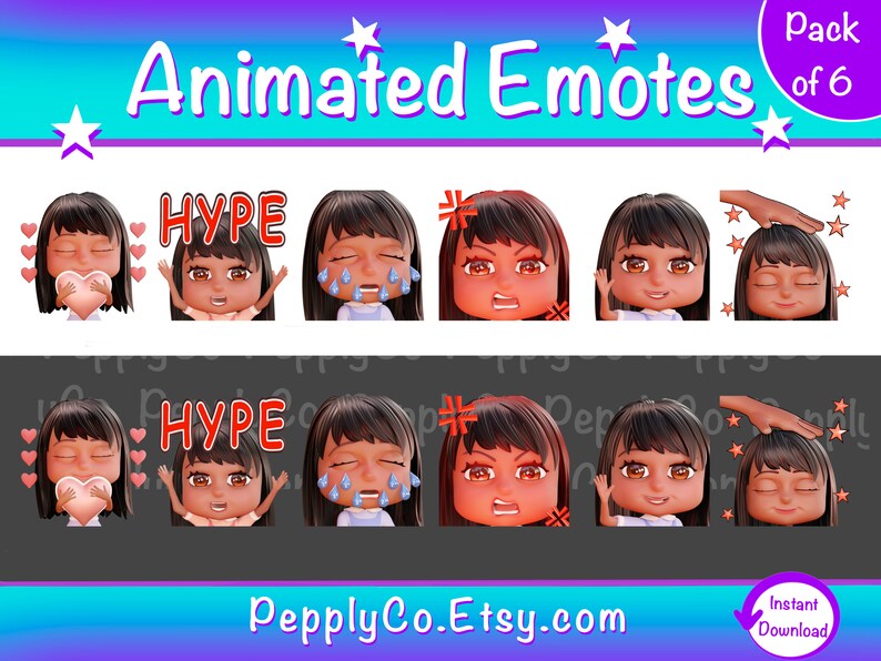 ANIMATED Twitch Emote Kawaii Chibi Girl Pack of 6 Black Hair Brown Eyes ...