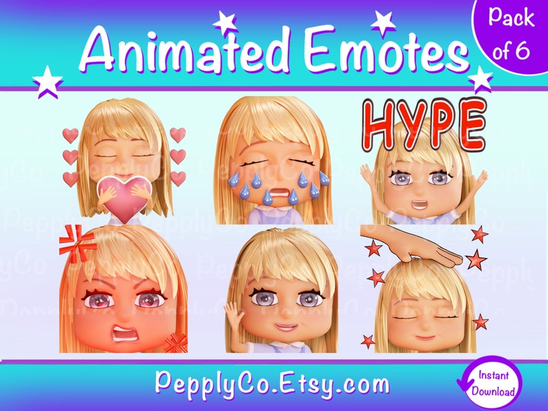 ANIMATED Twitch Emote Kawaii Chibi Girl Pack of 6 Blond Hair Blue Eyes ...