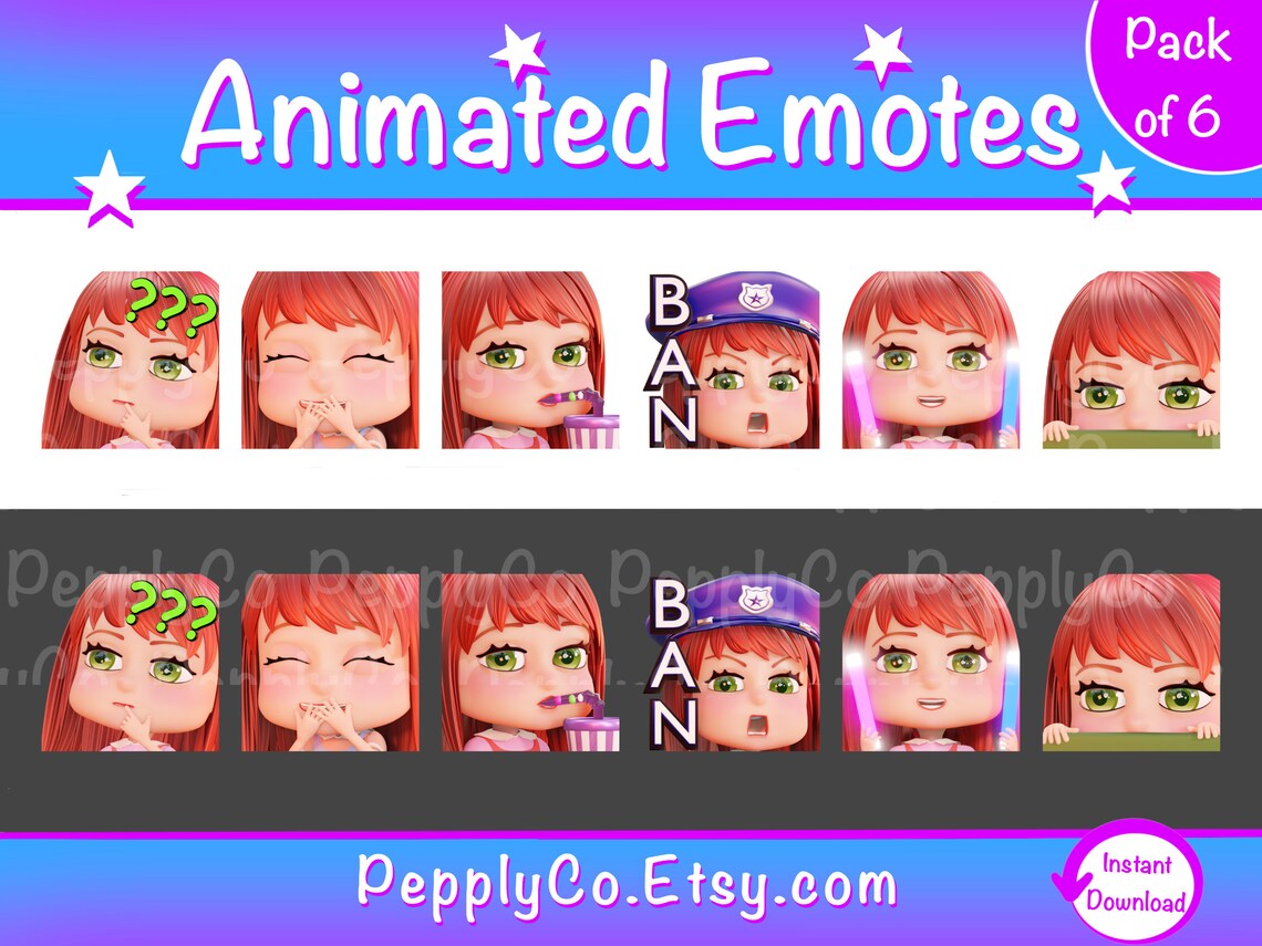 ANIMATED Twitch Emote Kawaii Chibi Girl Pack of 6 Red Hair Green Eyes ...