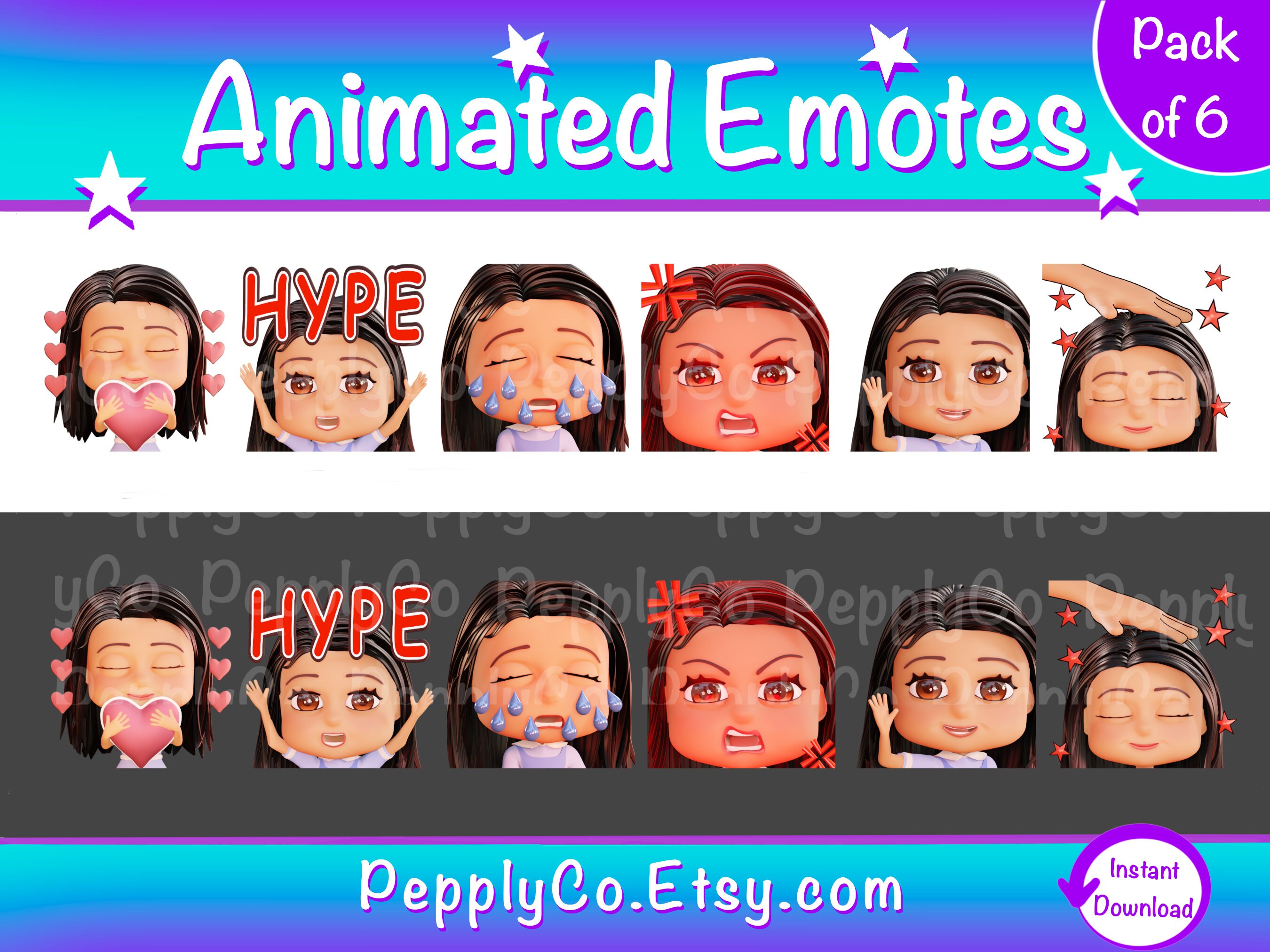 ANIMATED Twitch Emote Kawaii Chibi Girl Pack of 6 Black Hair Brown Eyes ...