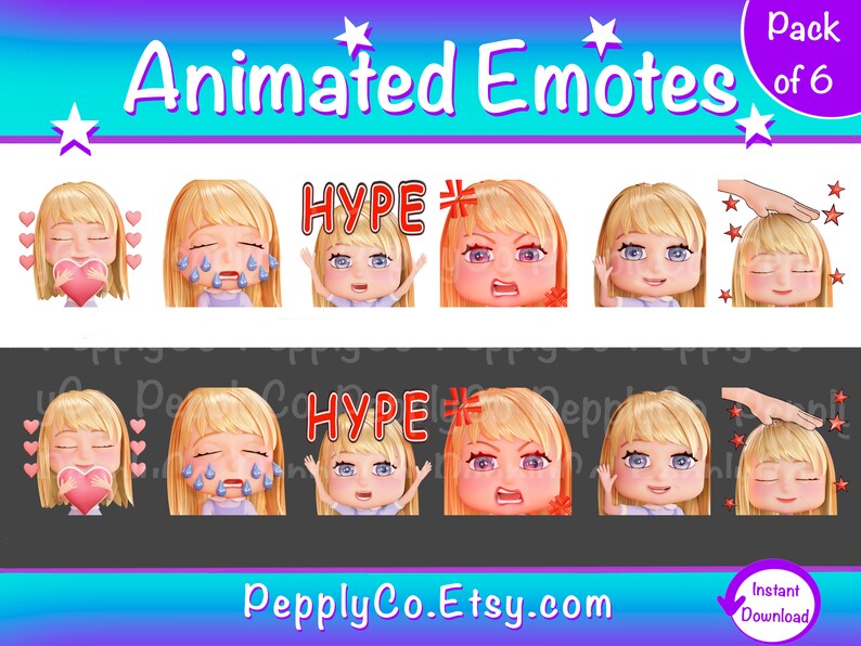 ANIMATED Twitch Emote Kawaii Chibi Girl Pack of 6 Blond Hair Blue Eyes ...