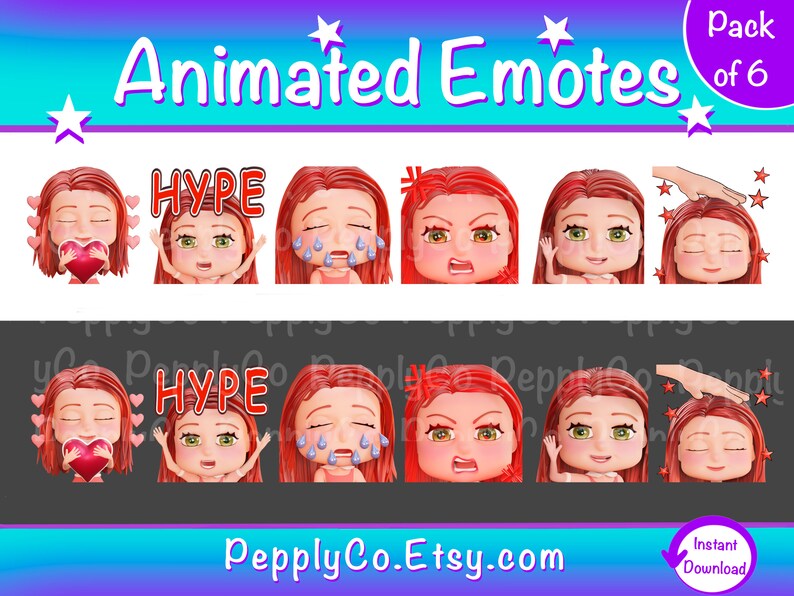 ANIMATED Twitch Emote Kawaii Chibi Girl Pack of 6 Red Hair, Green Eyes ...