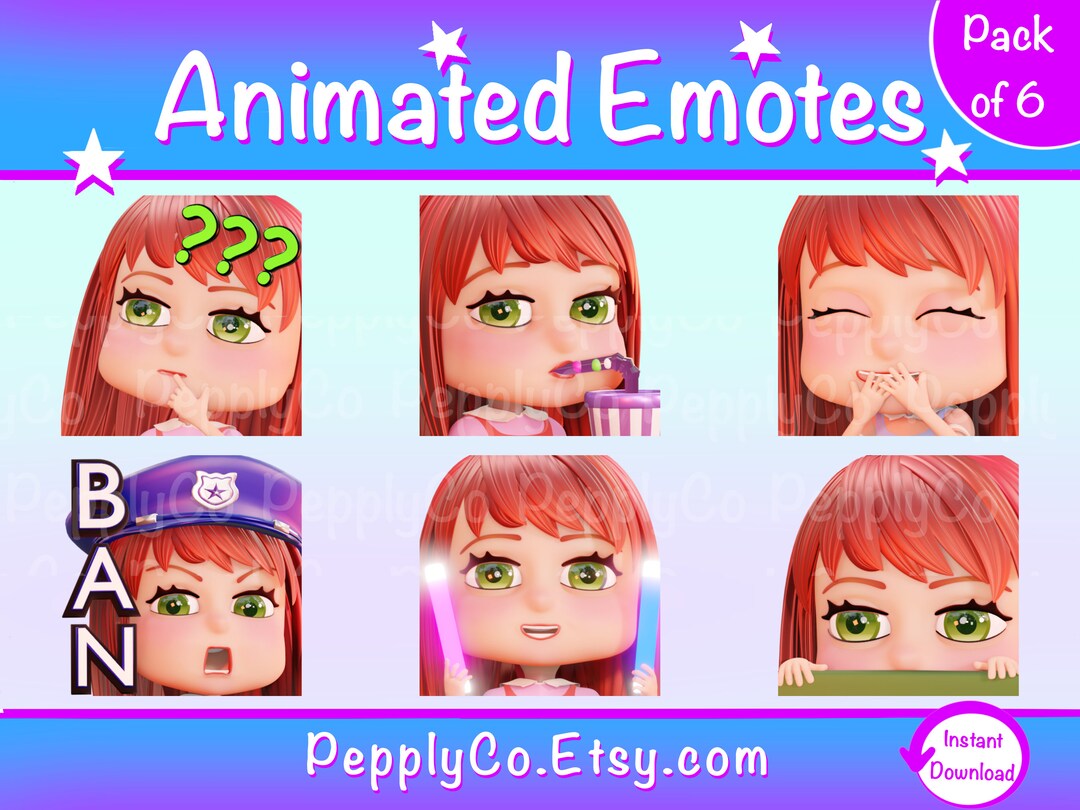 ANIMATED Twitch Emote Kawaii Chibi Girl Pack of 6 Red Hair Green Eyes ...