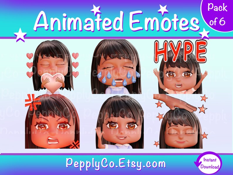 ANIMATED Twitch Emote Kawaii Chibi Girl Pack of 6 Black Hair Brown Eyes ...